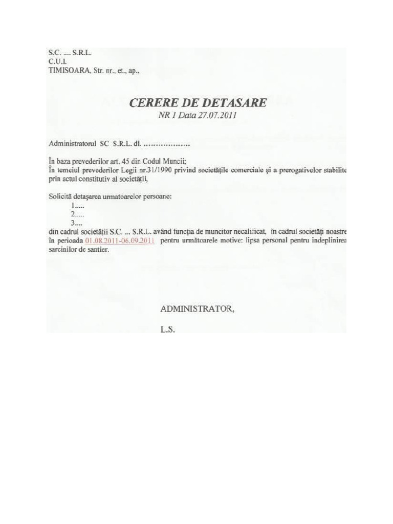 Cerere de Detasare | PDF