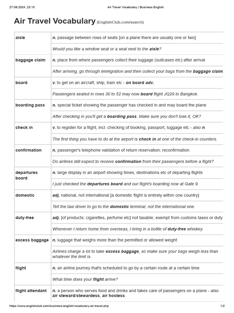 Air Travel Vocabulary - Business English | PDF