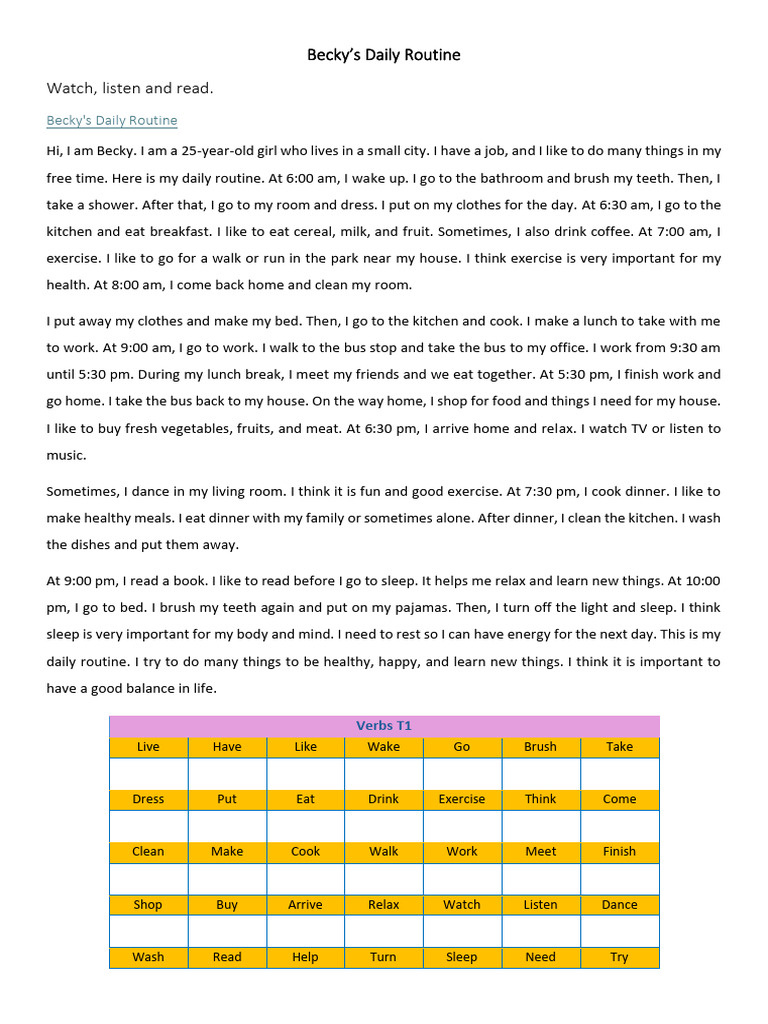 Becky's Daily Routine Watch, Listen and Read | PDF