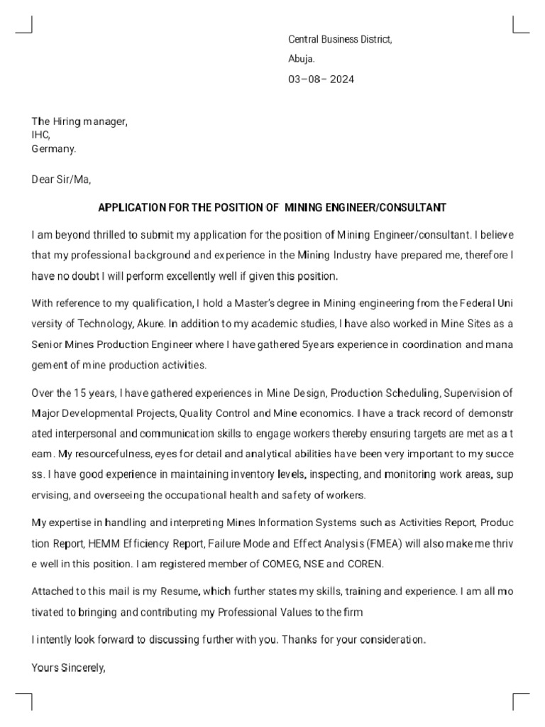 MINING ENGINEER COVER LETTER_Phoenix | PDF