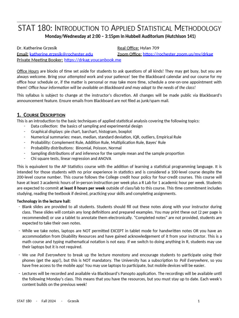 STAT180 2024fall Syllabus 8-25 | PDF