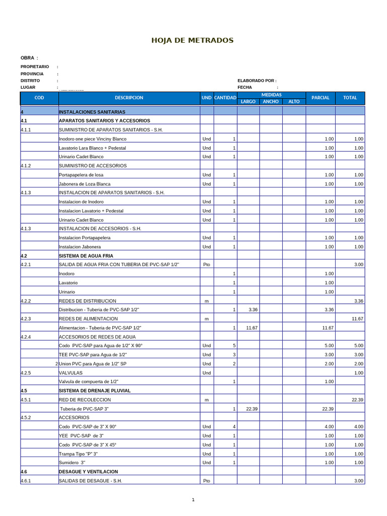Hoja-De-metrados - Instalaciones Electricas y Sanitarias | PDF