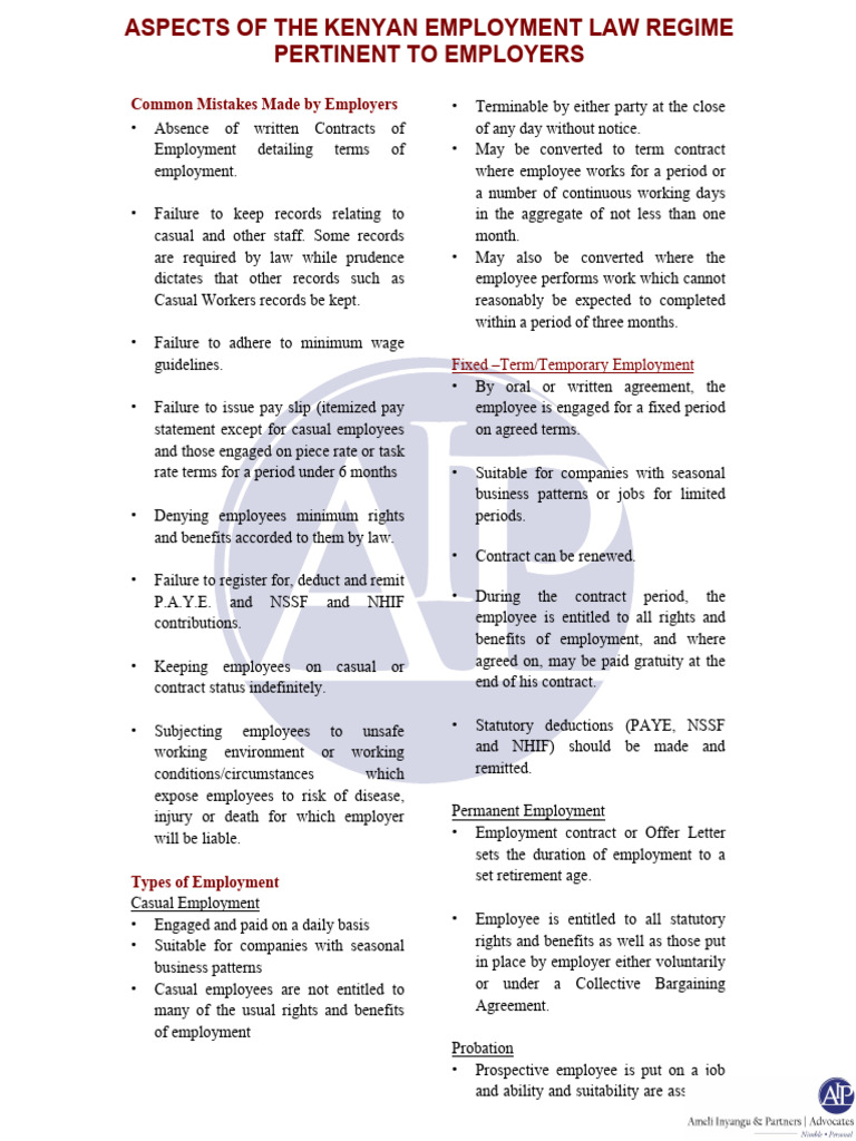 Aspects of The Kenyan Employment Law Regime 1 | PDF