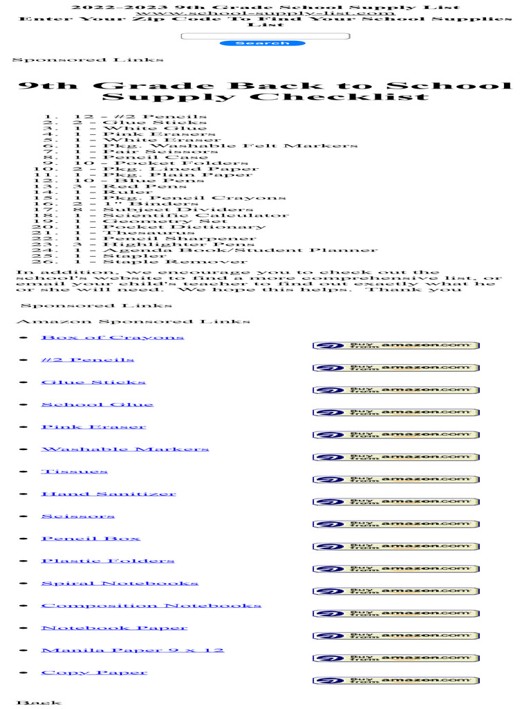2021-2022 9th Grade School Supply List - Print Friendly Version | PDF