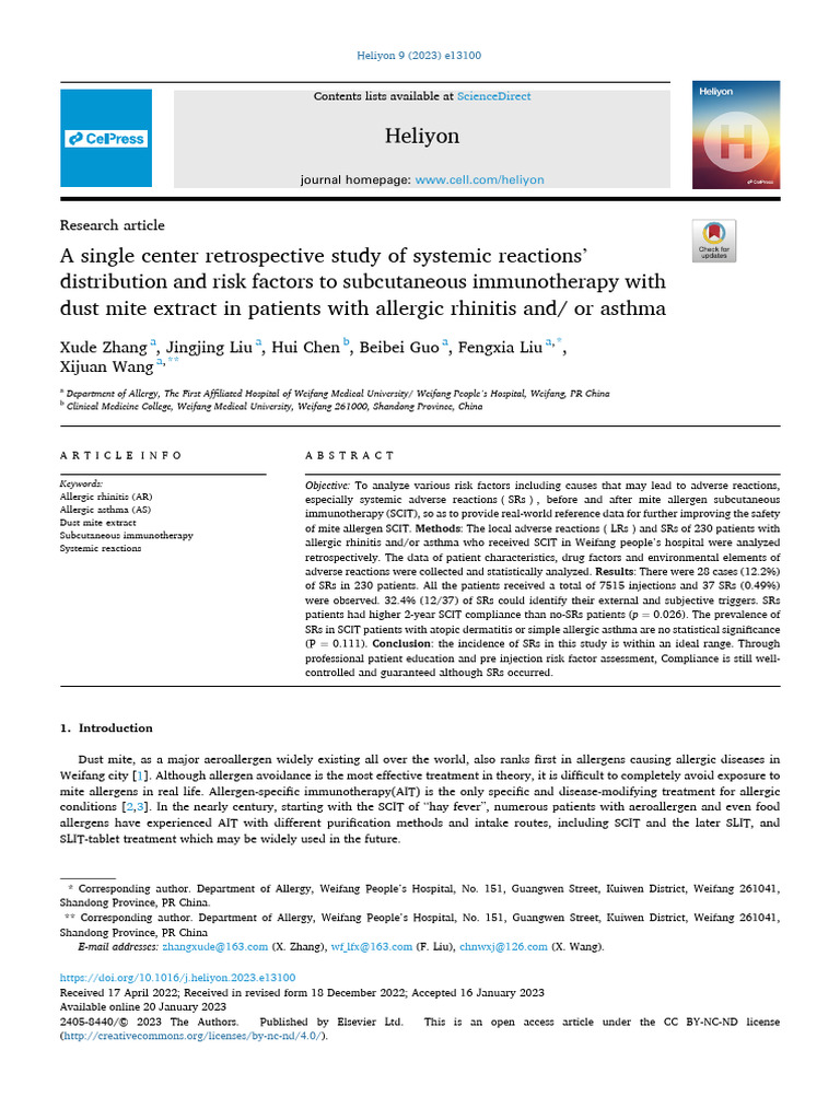 A Single Center Retrospective Study of Systemic Reactions | PDF
