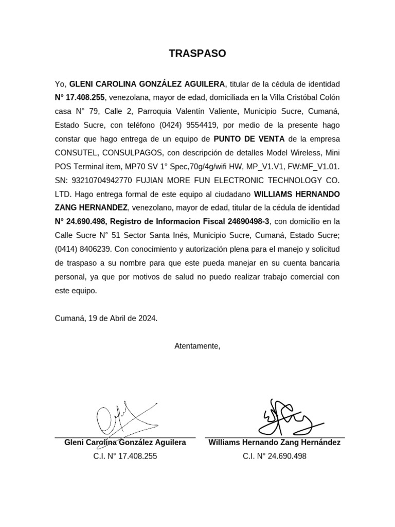 WILLIAMS-Carta de Traspaso | PDF