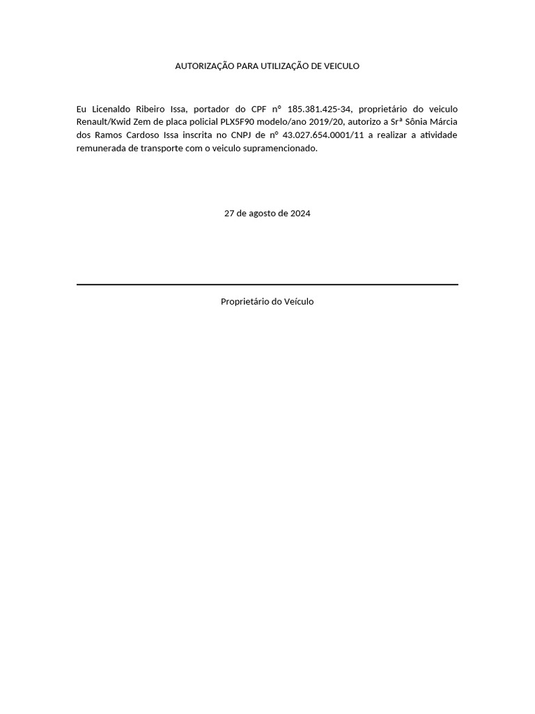 Autorização Para Utilização De Veiculo Pdf