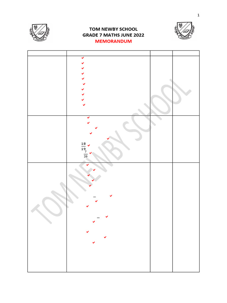 Grade 7 Maths Memo June 2022 | PDF | Division (Mathematics) | Mathematics