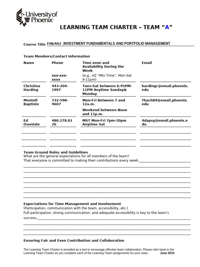 Learning Team A Charter | PDF