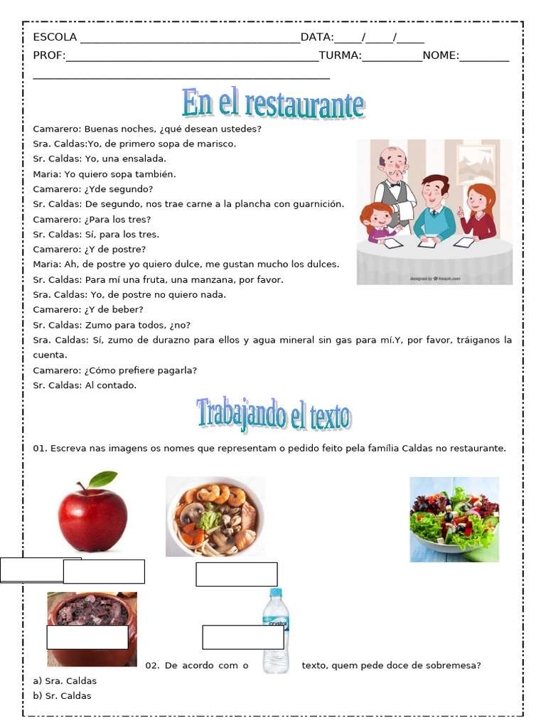 Atividade De Espanhol Comidas Pdf