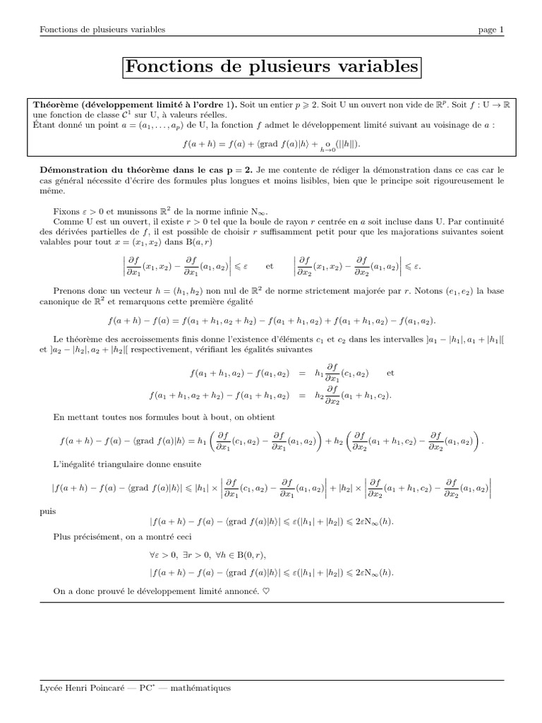 Fonctions de Plusieurs Variables - Quelques Démonstrations (Version Du 27 Mars 2023) | PDF