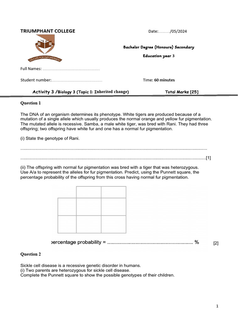 Biology Genetics Assessment 2024 | PDF | Dominance (Genetics) | Genotype