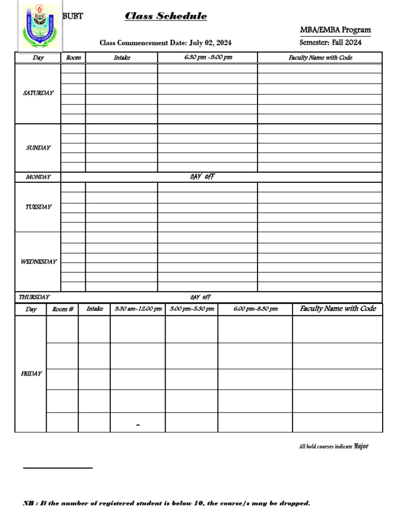 Class Schedule Fall 2024 - Final | PDF