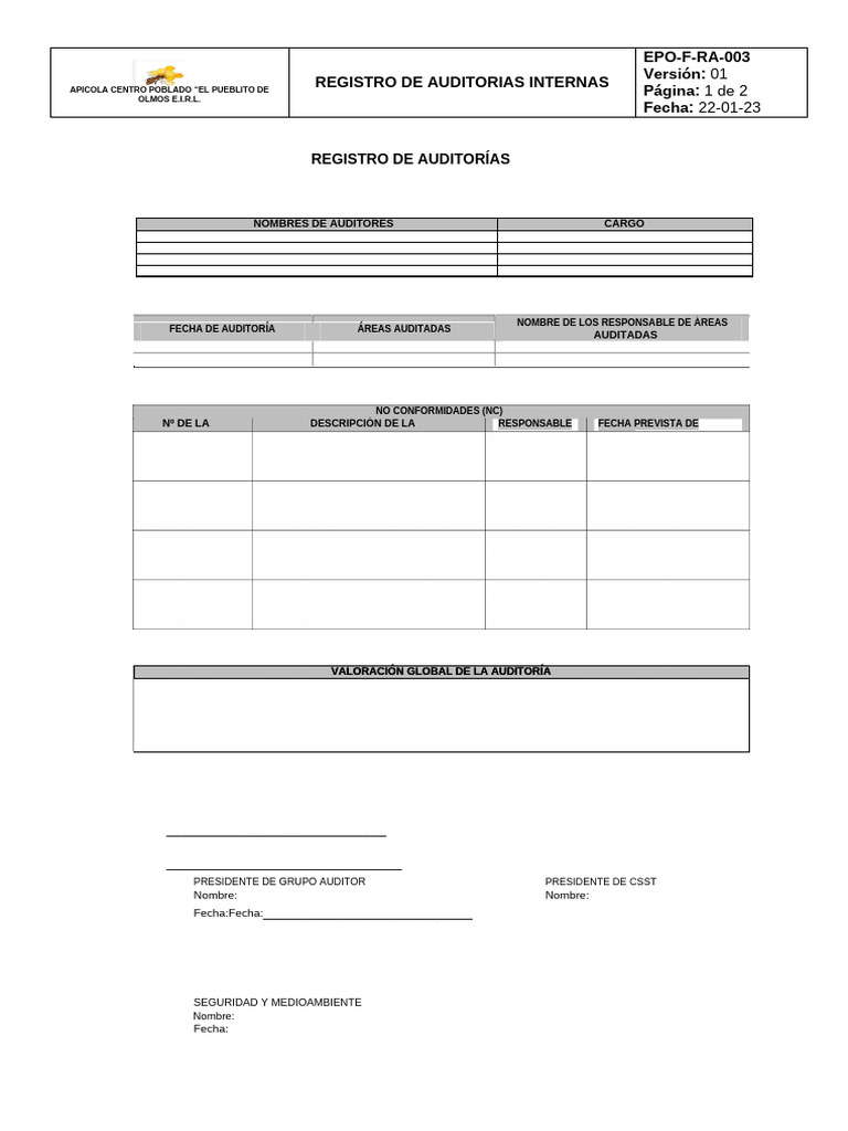 EPO-F-RA-003 Registro de Auditorias Internas | PDF