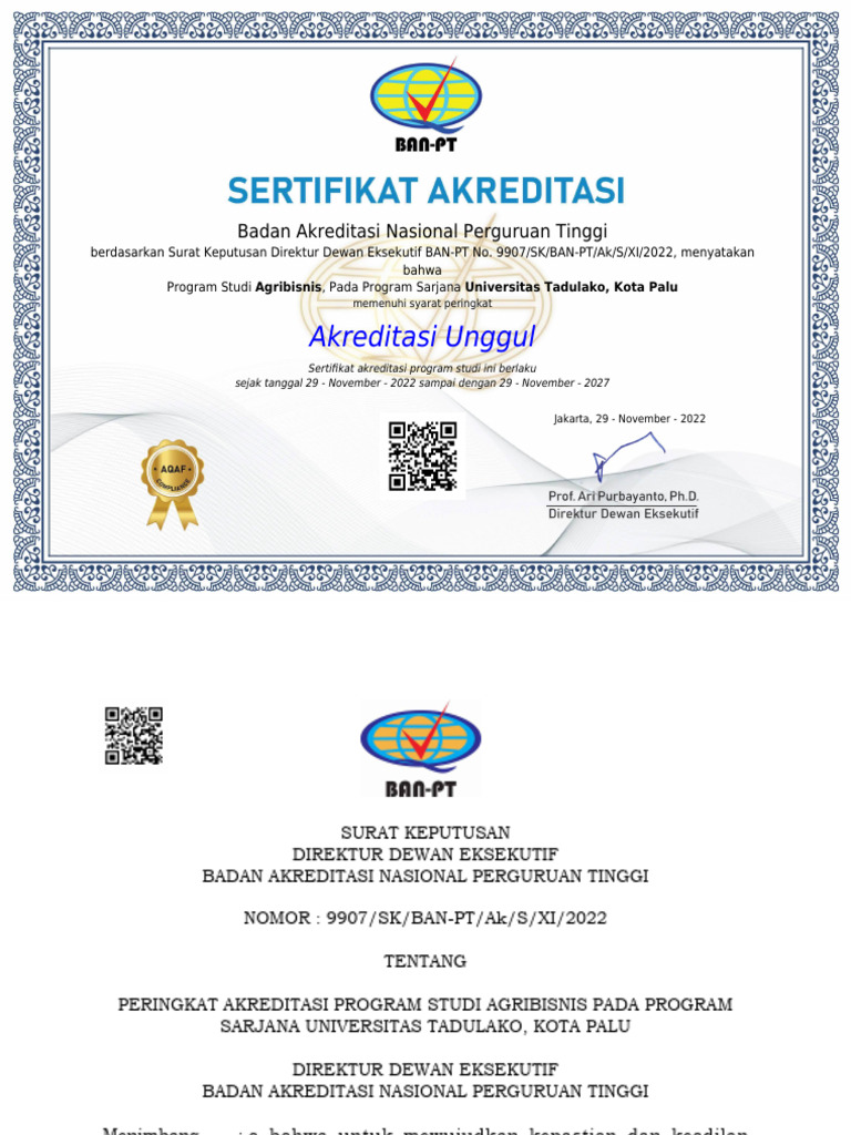 2022 - BAN PT - Sertifikat&SK Akreditasi - S1 - Agribisnis | PDF
