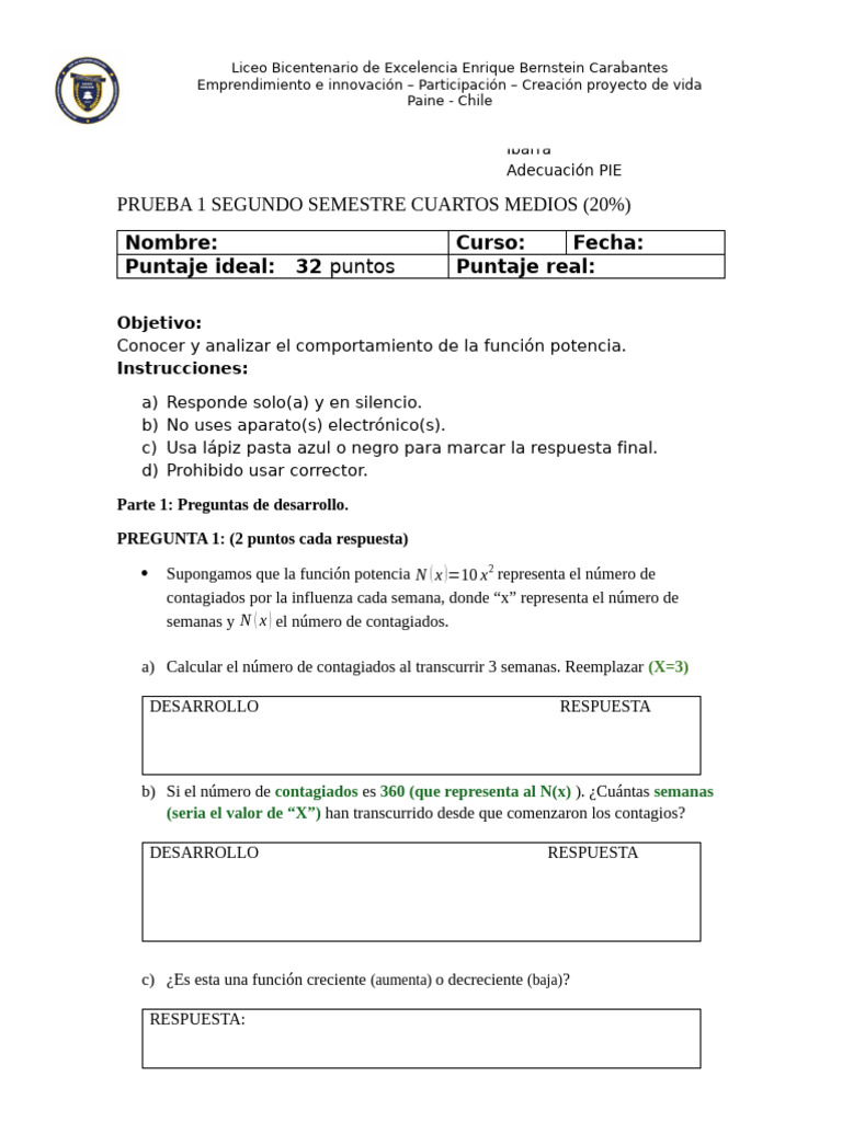 Prueba Mate Funciones 1 | PDF