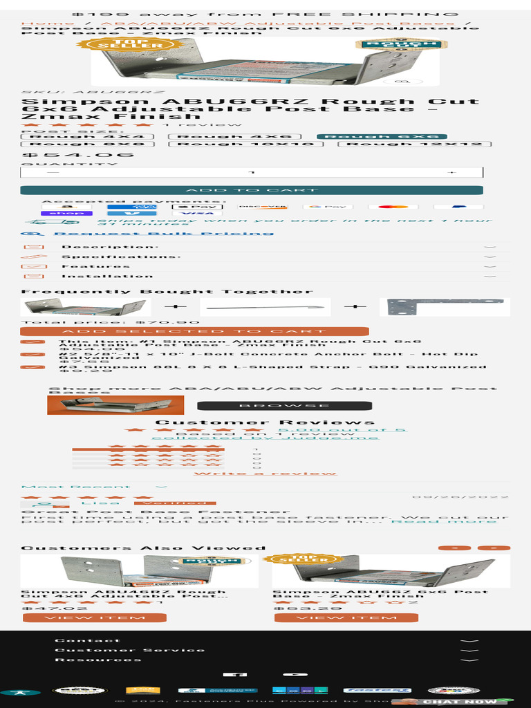 Simpson ABU66RZ Rough Cut 6x6 Adjustable Post Base - Zmax Finish ...
