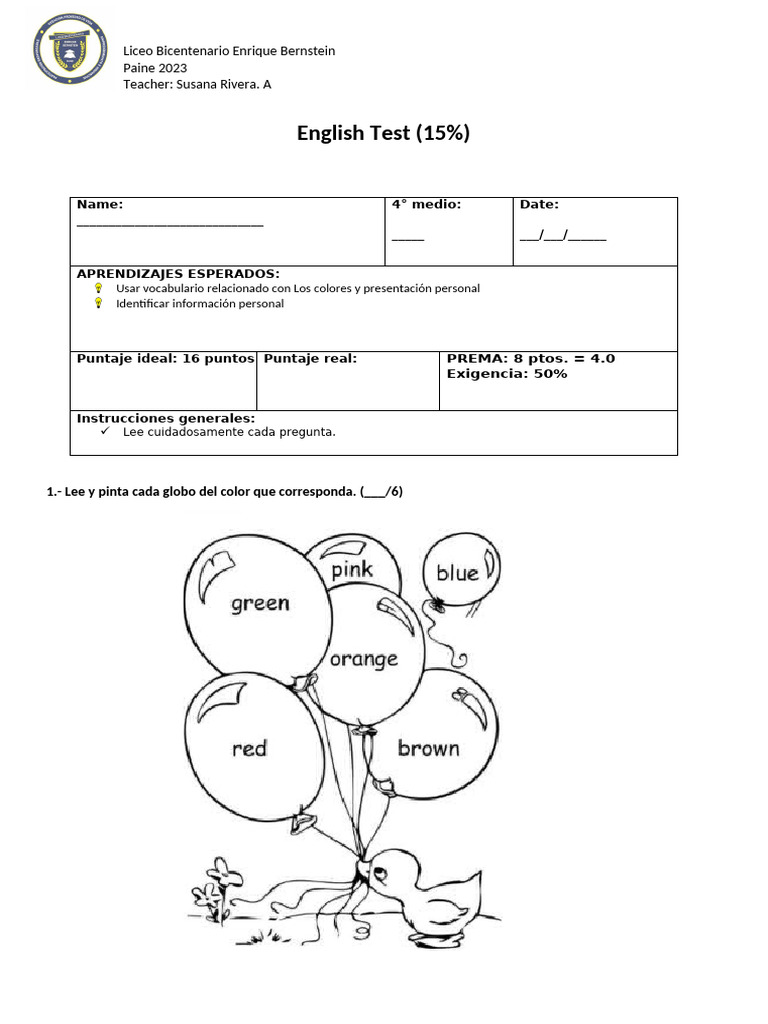Prueba Inglés Colores | PDF