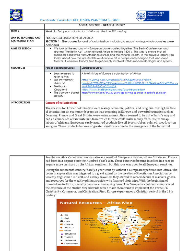 Lesson Plan Grade 8 SS History T4 W2 1 | PDF | Africa | Missionary