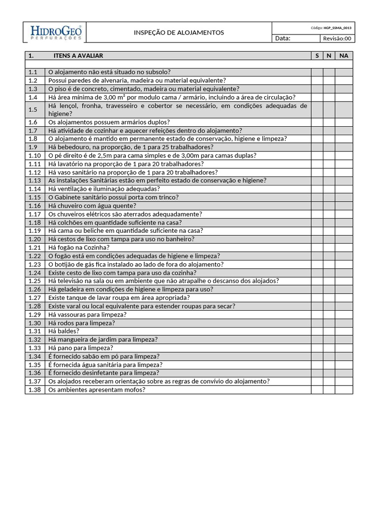 Check List Alojamento NR 18 | PDF