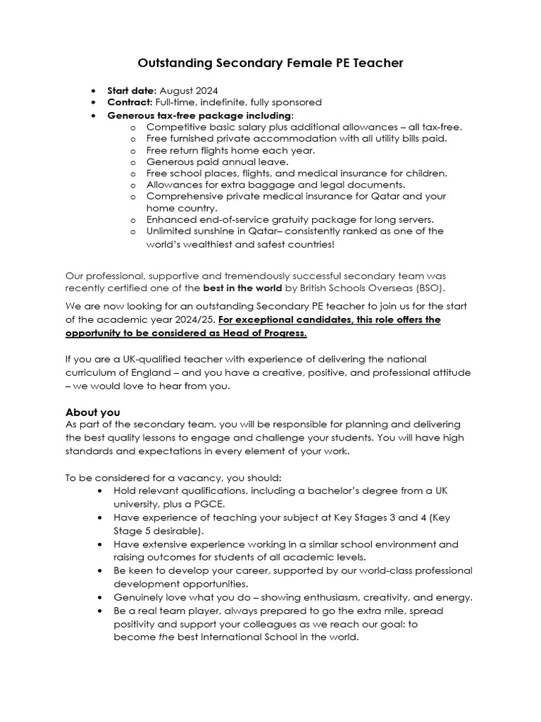 Secondary Female PE Teacher Advert - 2024 | PDF
