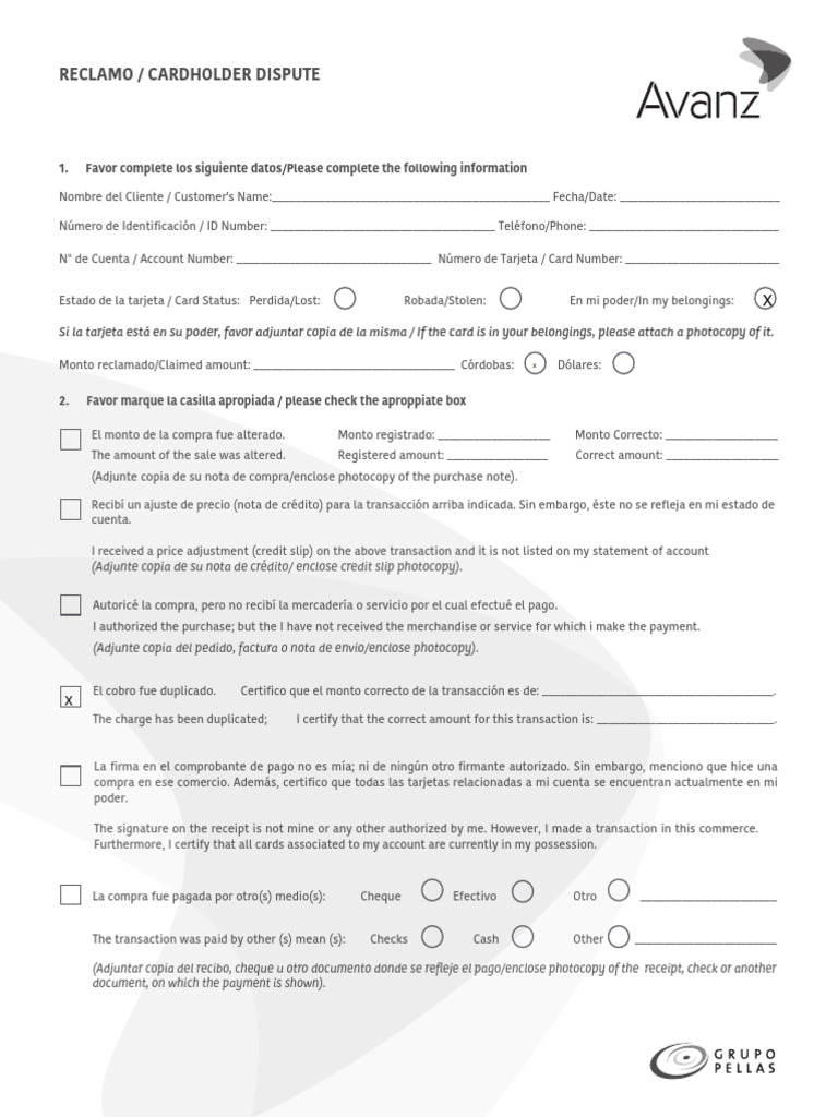 Formato de Reclamo Tarjeta Formato Lleno | PDF