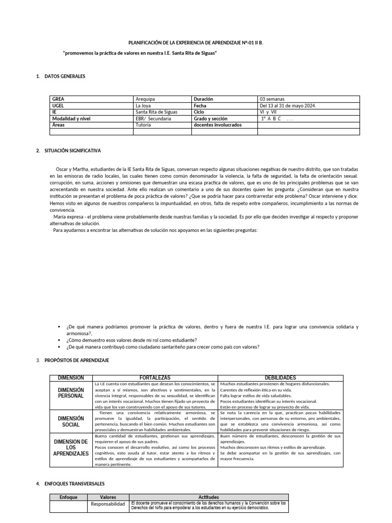 Planificación de La Experiencia de Aprendizaje N | PDF | Aprendizaje | Tolerancia