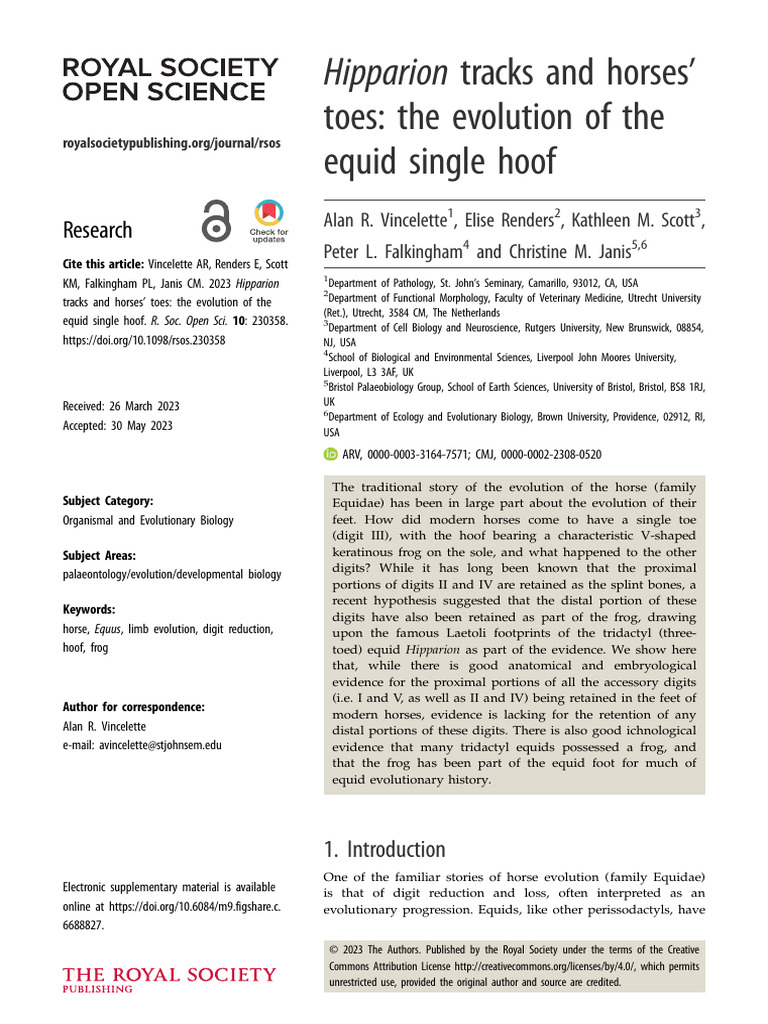Vincelette Et Al 2023 Hipparion Tracks and Horses Toes The Evolution of ...