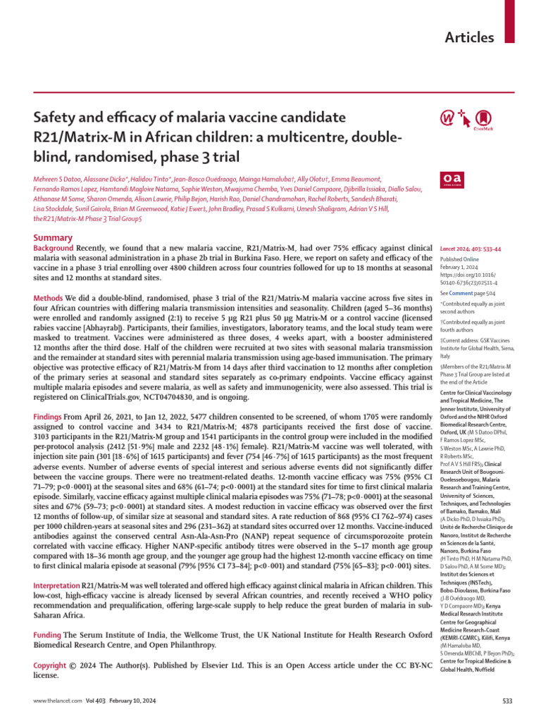 Safety and Efficacy of Malaria Vaccine Candidate R21 - Matrix-M in ...