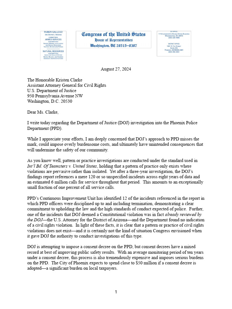 Gallego Letter To DOJ | PDF | United States Department Of Justice | Police