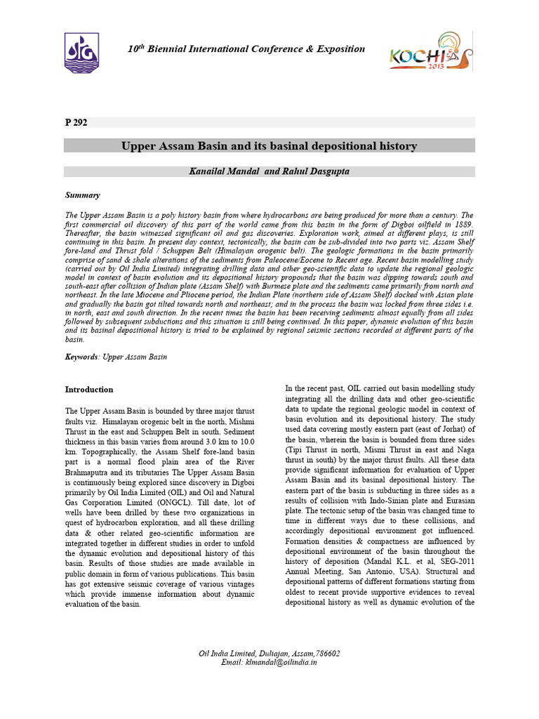 Upper Assam Basin and Its Basinal Depositional History: 10 Biennial ...