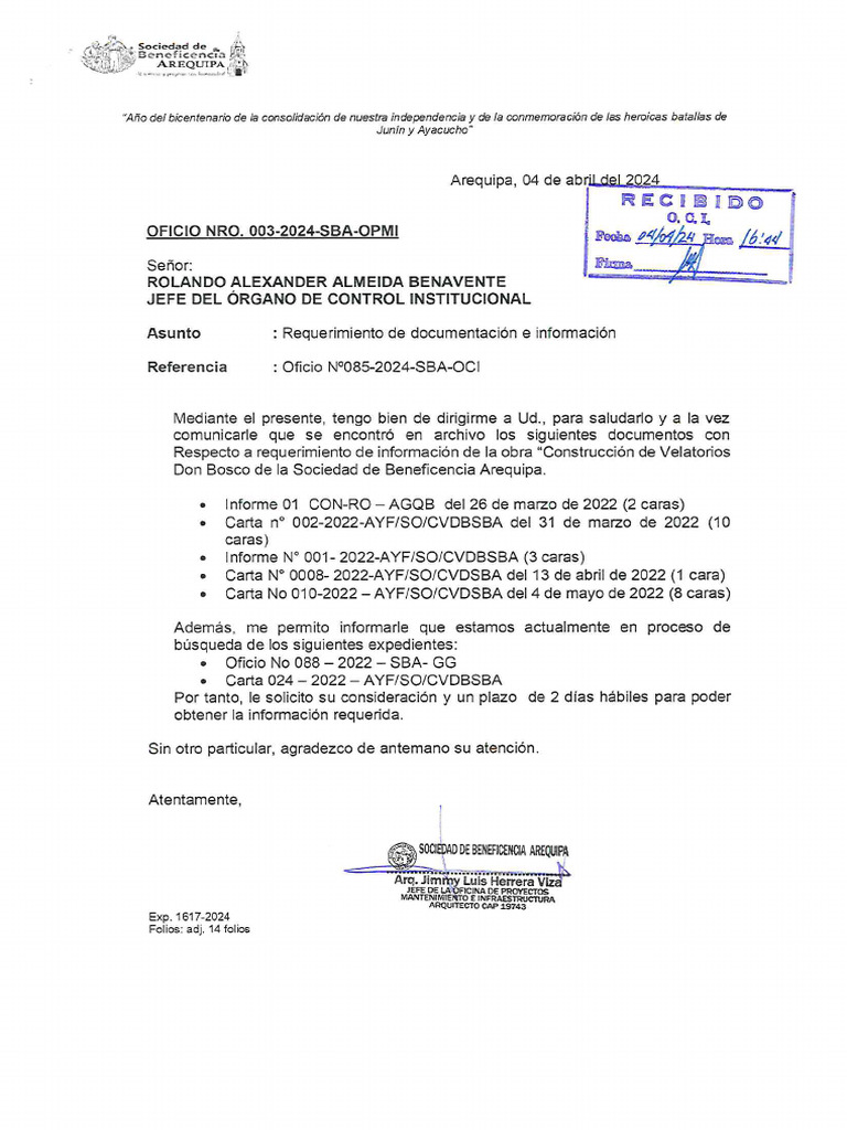 Oficio 003-2024-Sba-Opmi | PDF