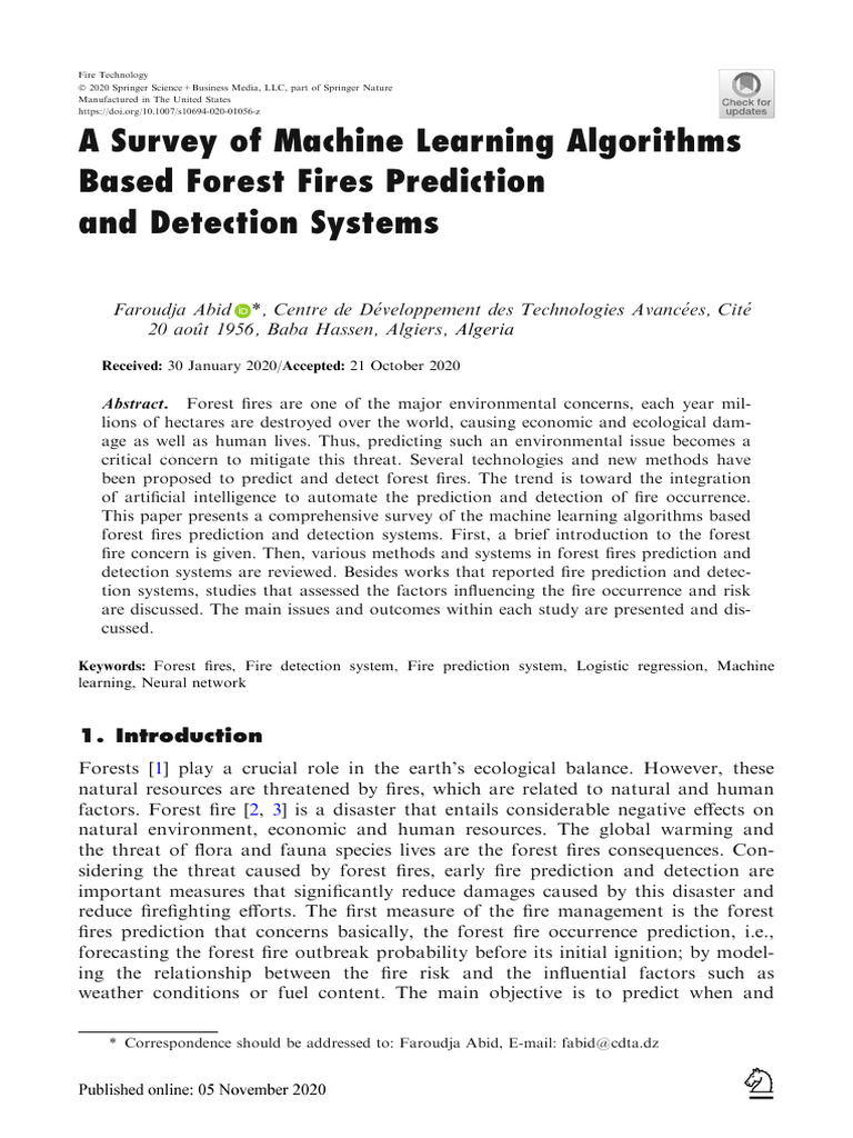 A Survey of Machine Learning Algorithms Based Forest Fires Prediction and Detection Systems | PDF