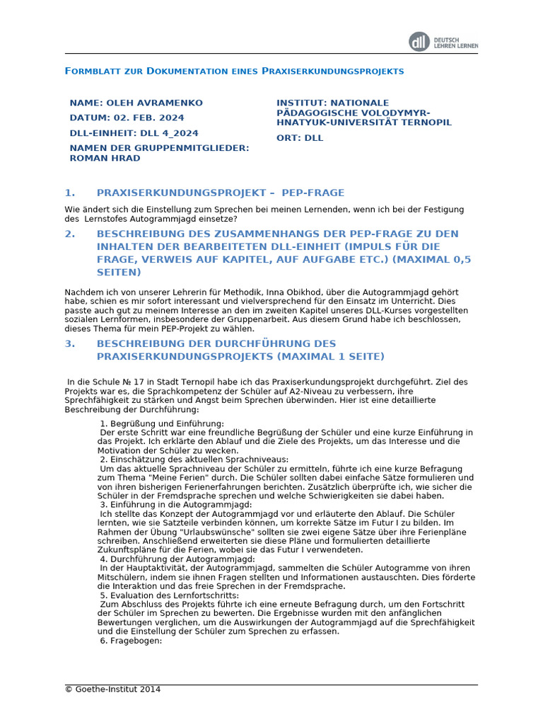 Formblatt Zur Dokumentation Eines Praxiserkundungsprojekts | PDF