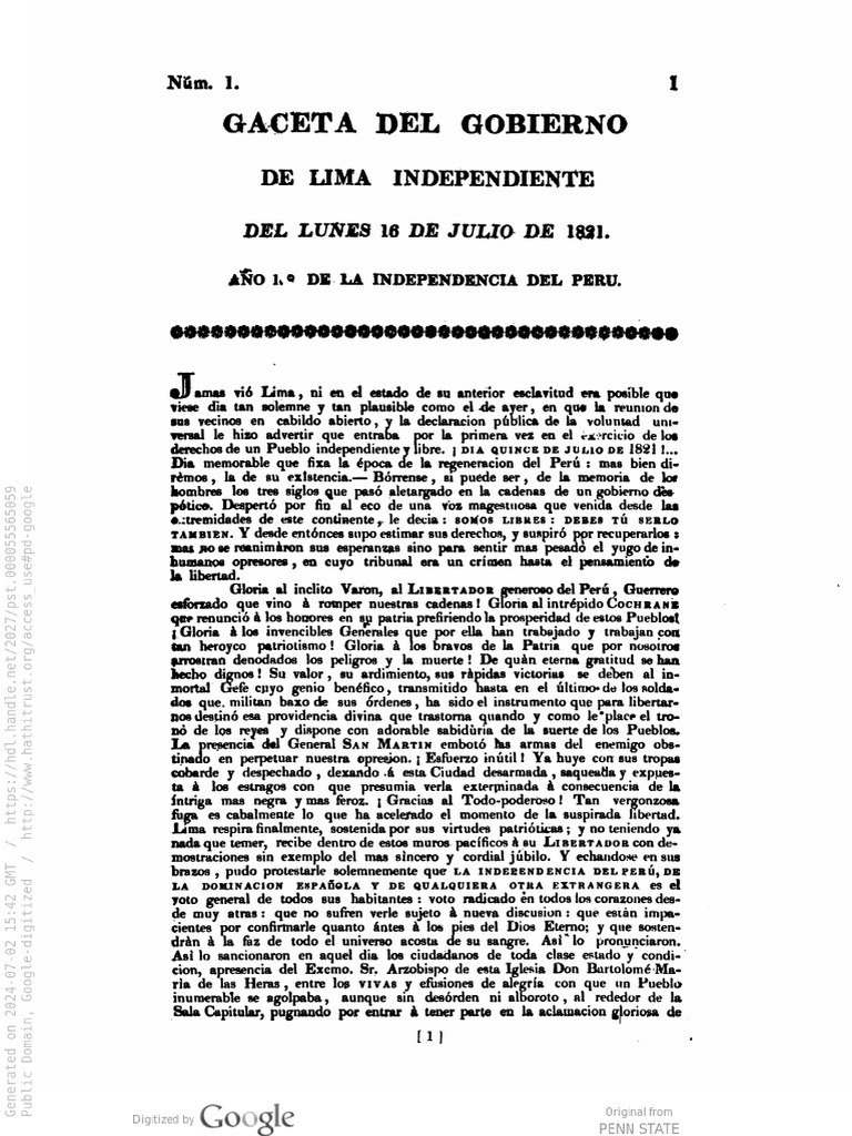 1821_Gaceta del Gobierno de Lima independiente_N° 1 _ 16 de julio_pp 1 ... 1821_Gaceta del Gobierno de Lima independiente_N° 1 _ 16 de julio_pp 1 ...