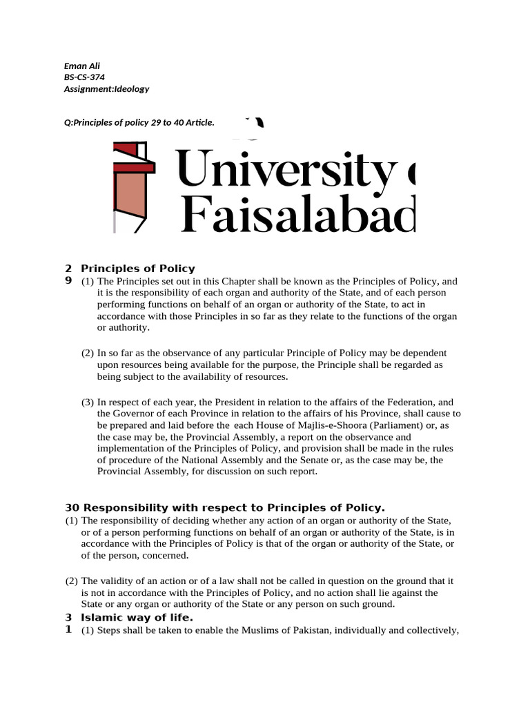 Eman Ali BS-CS-374 Assignment:Ideology: 2 9 Principles of Policy | PDF