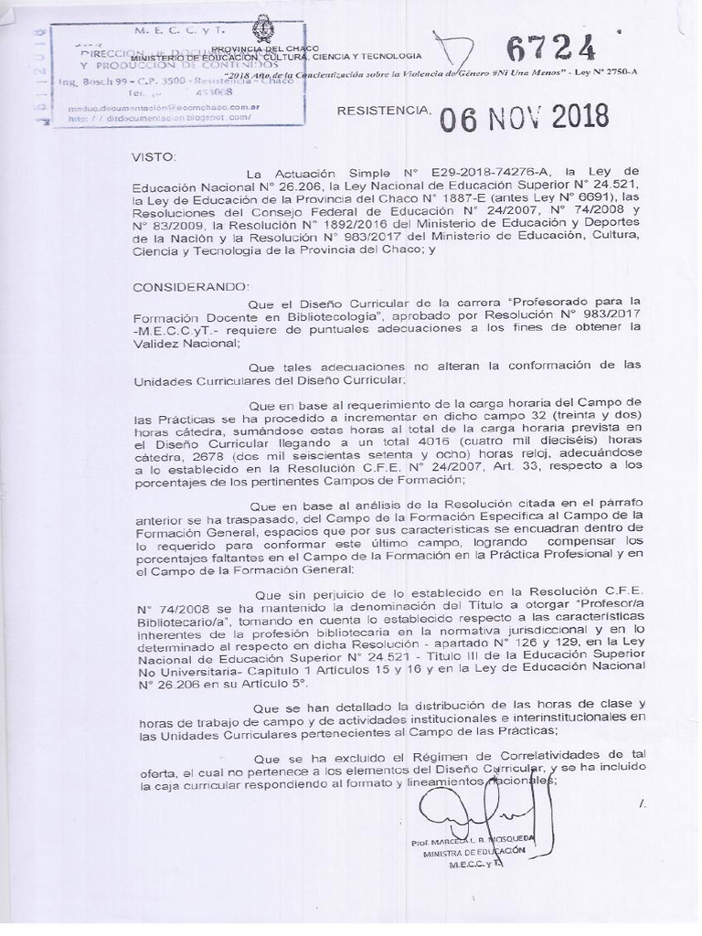 RES. 06724-2018 DISEÑO PROF. P FORM DOC EN BIBLIOTECOLOGÍA | PDF