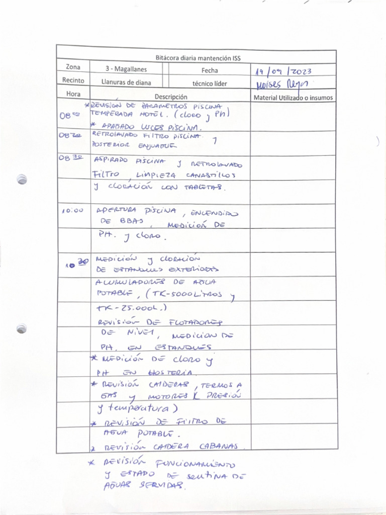 Bitácora Diaria Mantención 19-09-23 | PDF