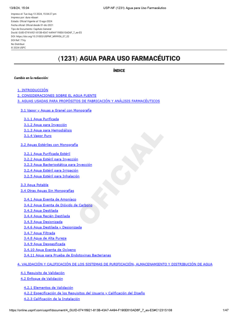 USP-NF 1231 Agua para Uso Farmacéutico | PDF