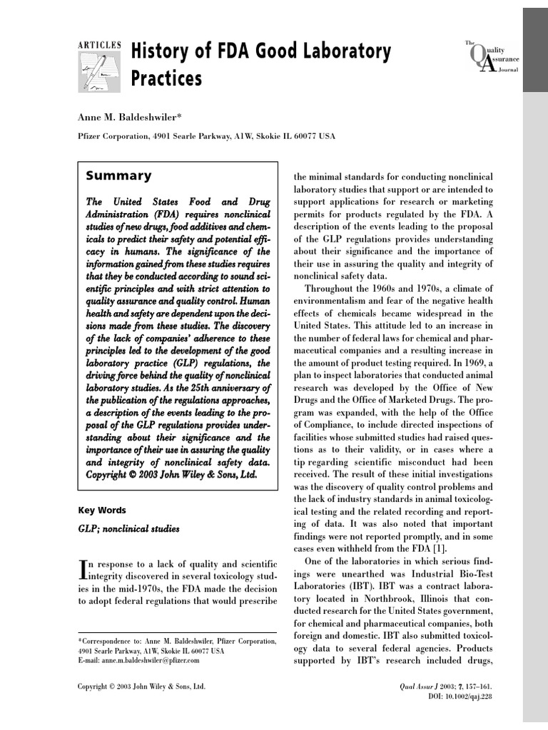 Quality Assurance Journal - 2003 - Baldeshwiler - History of FDA Good ...