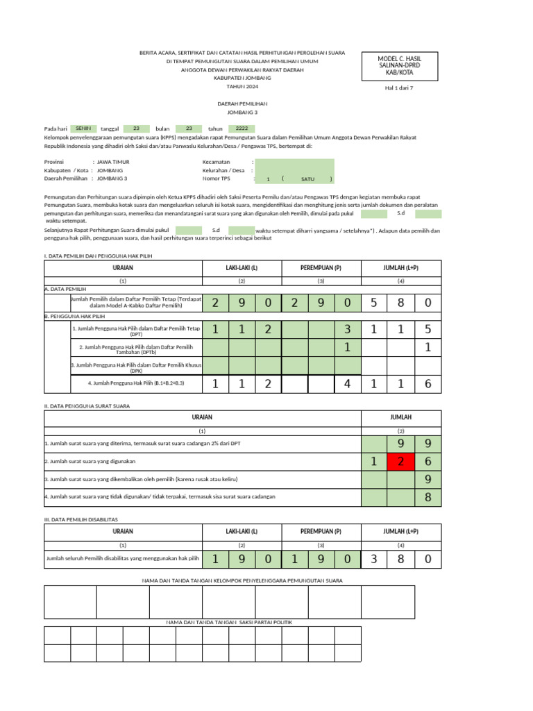 Simulasi C Hasil Salinan DPRD KAB | PDF