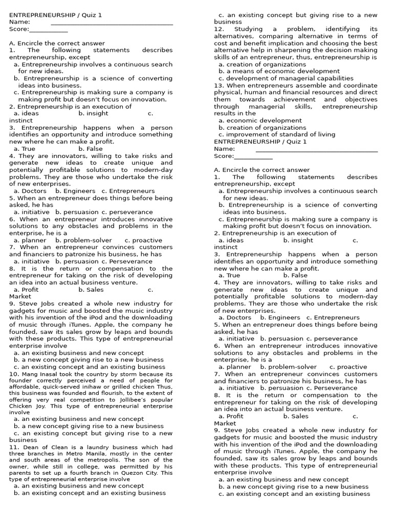Entrep Quiz 1 | PDF
