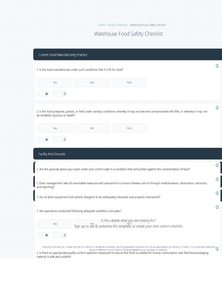 GoAudits - Warehouse Food Safety Checklist (Sample) | PDF