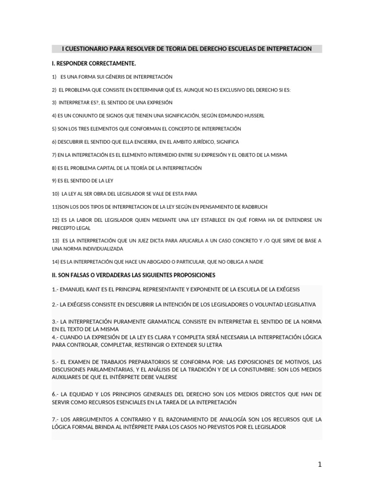 Cuestionario para Resolver de Teoria Del Derecho Escuelas de Intepretacion | PDF