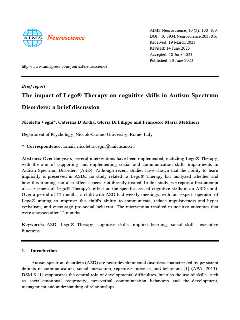 The Impact of Lego® Therapy On Cognitive Skills in Autism Spectrum ...