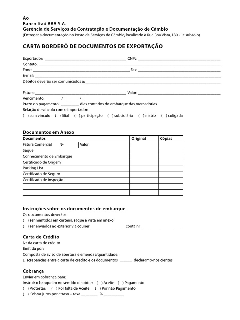Carta Borderô de Documentos de Exportação | PDF