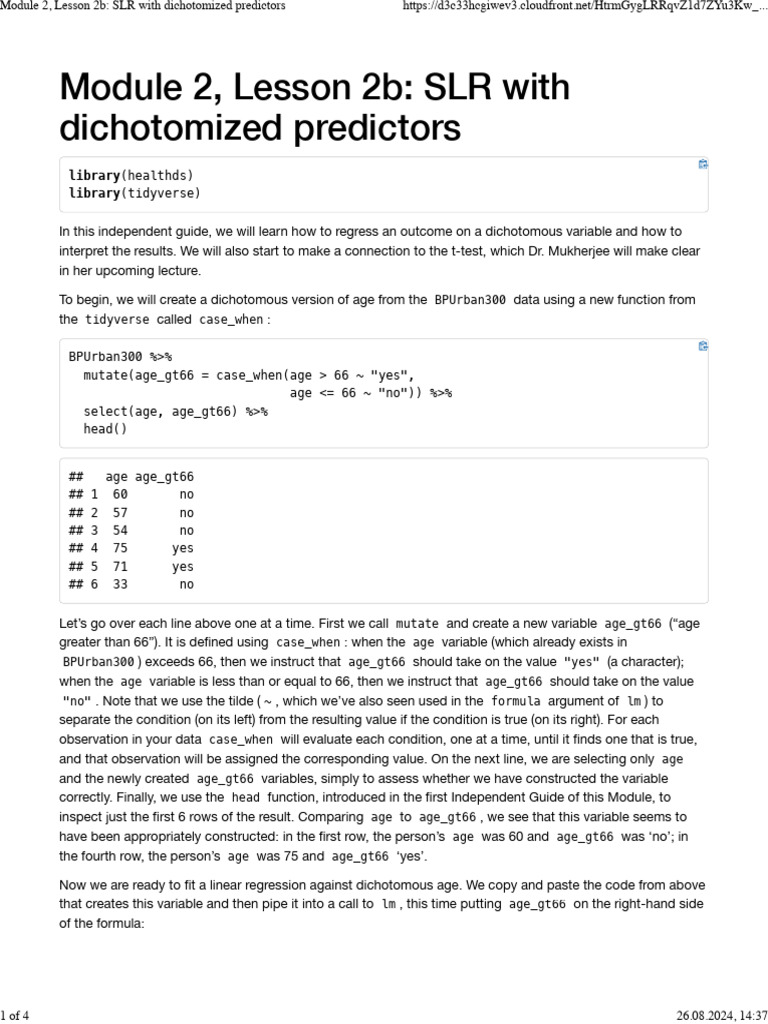 Module 2, Lesson 2b - SLR With Dichotomized Predictors | PDF