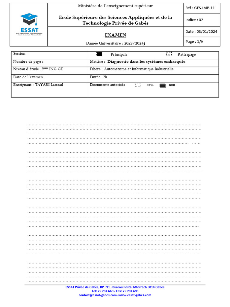 Eamen-Diagnostic Systèmes Embarqués 3ième-INGGE ESSAT Janvier-2024 | PDF