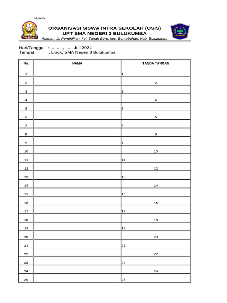 Daftar Hadir Osis | PDF