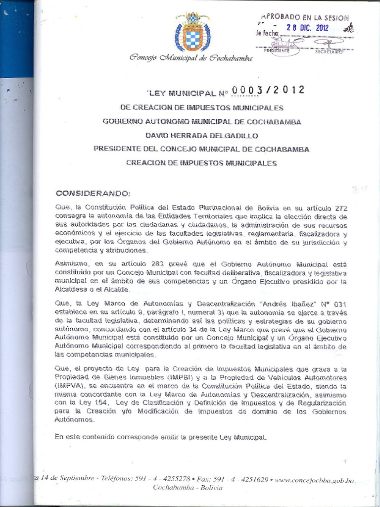 LM #003 - 2012 Creación de Impuestos Municipales IMPBI IMPVA | PDF